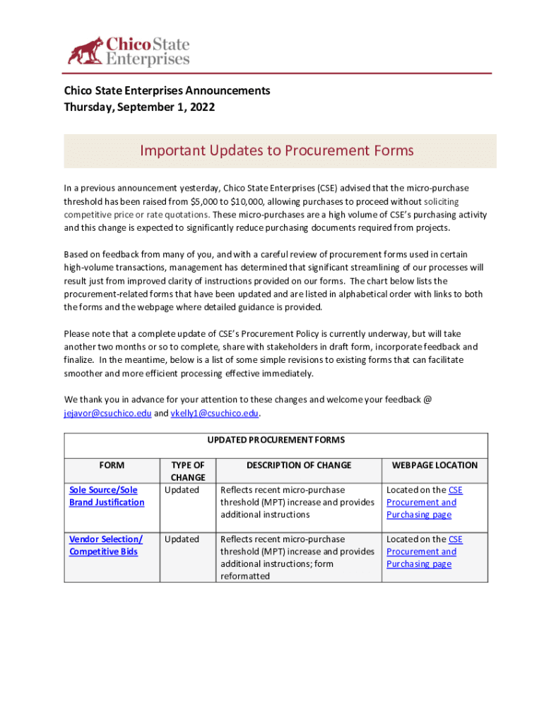 Fillable Online Important Updates to Procurement Forms Chico State ...