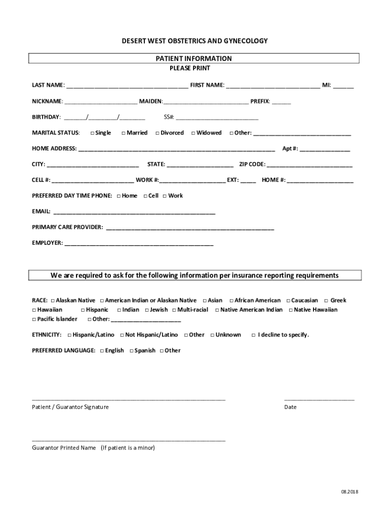 Fillable Online desert west obstetrics and gynecology patient ...