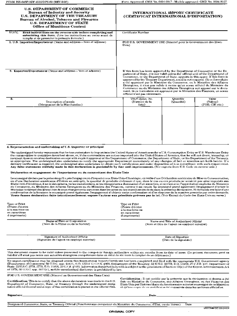 Remplissable En Ligne Form BIS-645P International Import Certificate ...