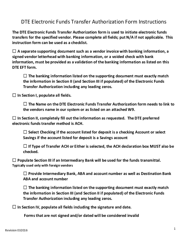 Fillable Online DTE Electronic Funds Transfer Authorization Form ...