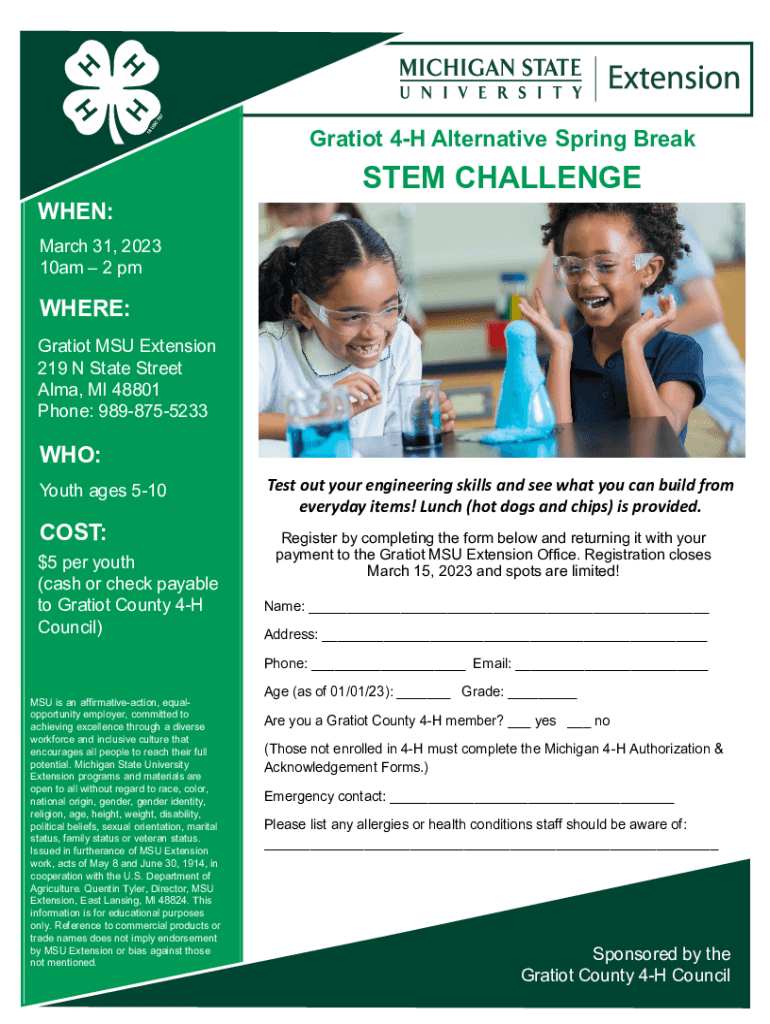 Fillable Online Gratiot 4-H Alternative Spring Break: STEM Challenge ...