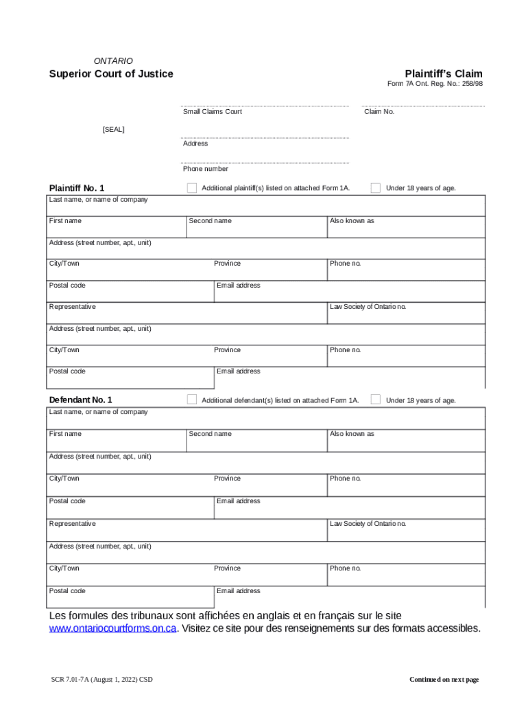 Plaintiff's Claim - 7A - How to fill a claim - ontariocourts on Doc ...