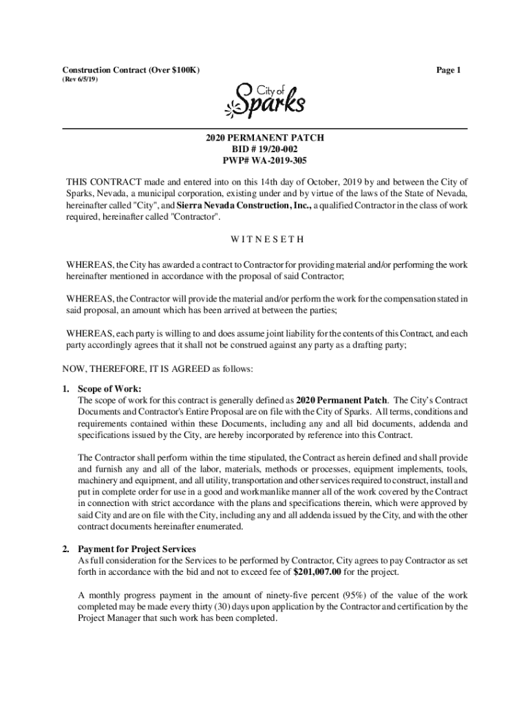 Fillable Online Construction Contract (Over $100K) Page 1 Fax Email ...