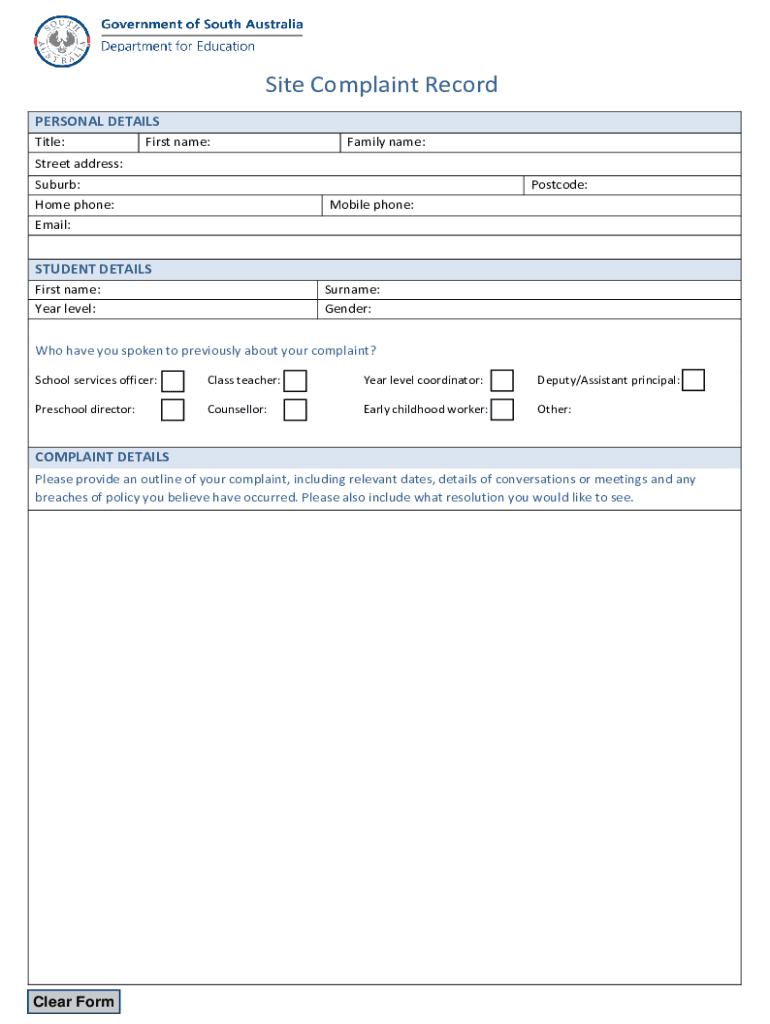 Fillable Online Site complaint record. to be used by sites to record ...