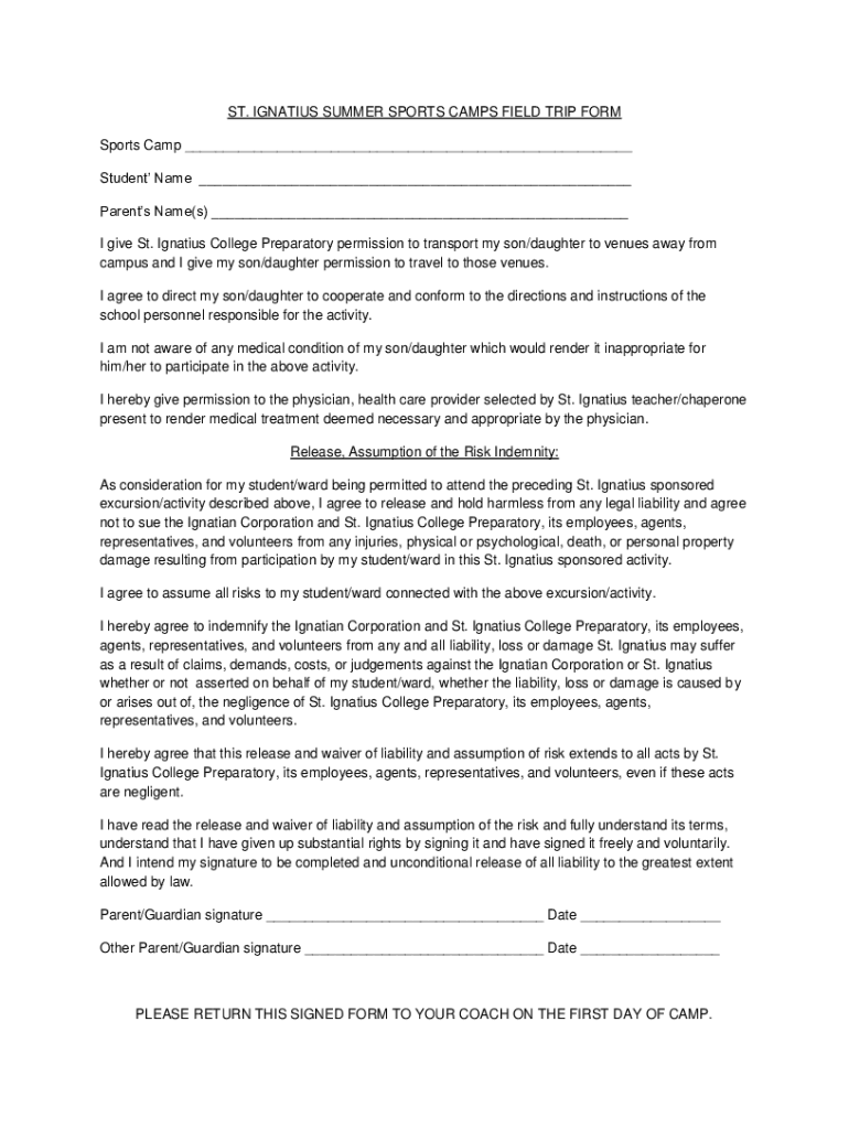 Fillable Online st. ignatius summer cat camp field trip form Fax Email Print - pdfFiller