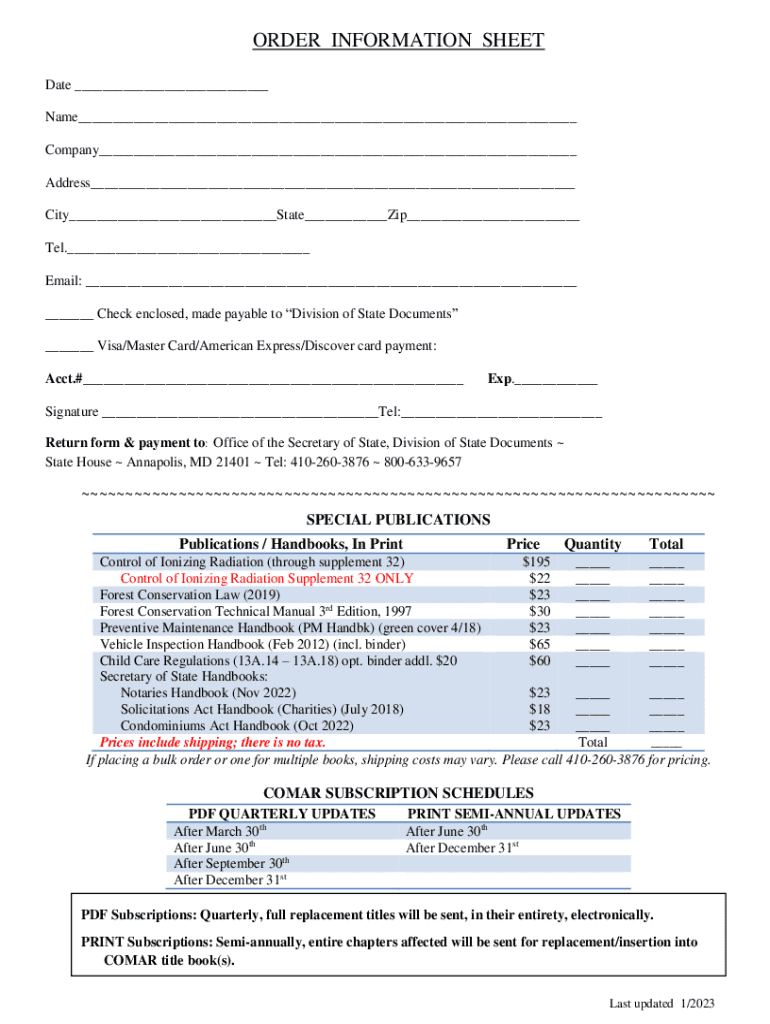 Fillable Online COMAR IN PRINTORDER FORM (8x 11 format) Fax Email Print ...