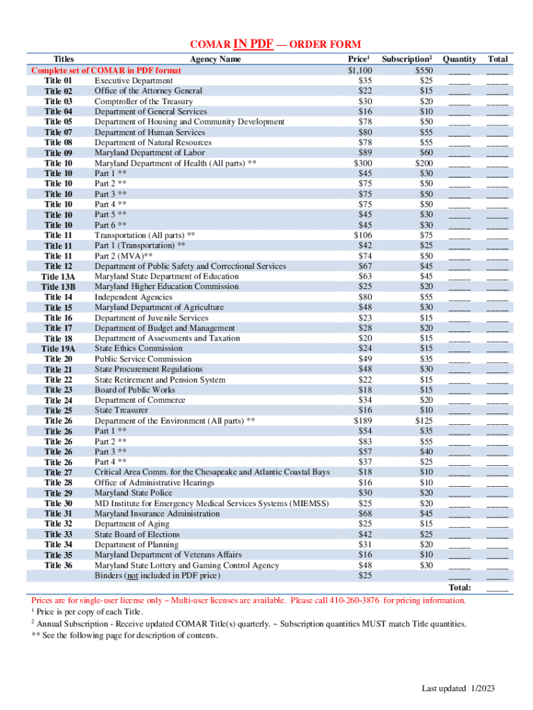 Fillable Online COMAR IN PDFORDER FORM Fax Email Print - pdfFiller