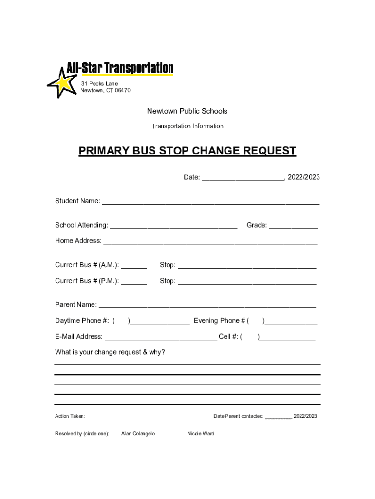 Fillable Online PRIMARY BUS STOP CHANGE REQUEST Fax Email Print - pdfFiller