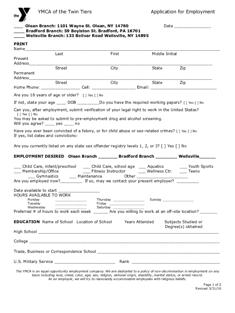 Fillable Online Olean Ymca Fillable Online Application For Employment Fax Email Print - pdfFiller