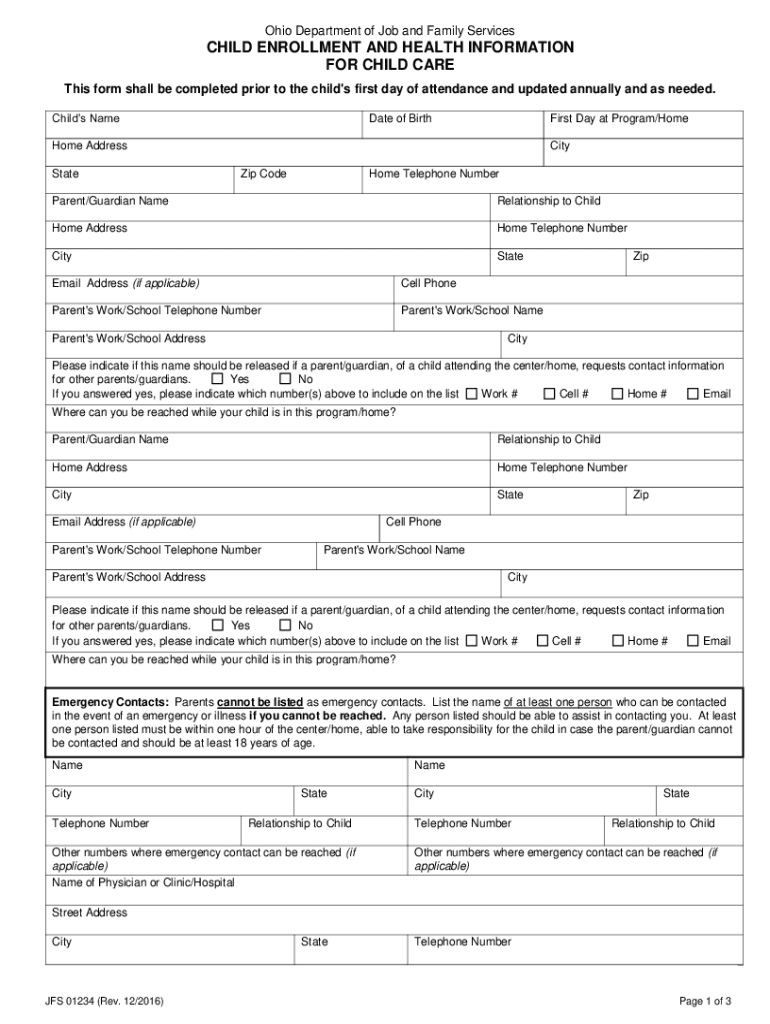 Fillable Online CHILD ENROLLMENT AND HEALTH INFORMATION FOR CHILD ...