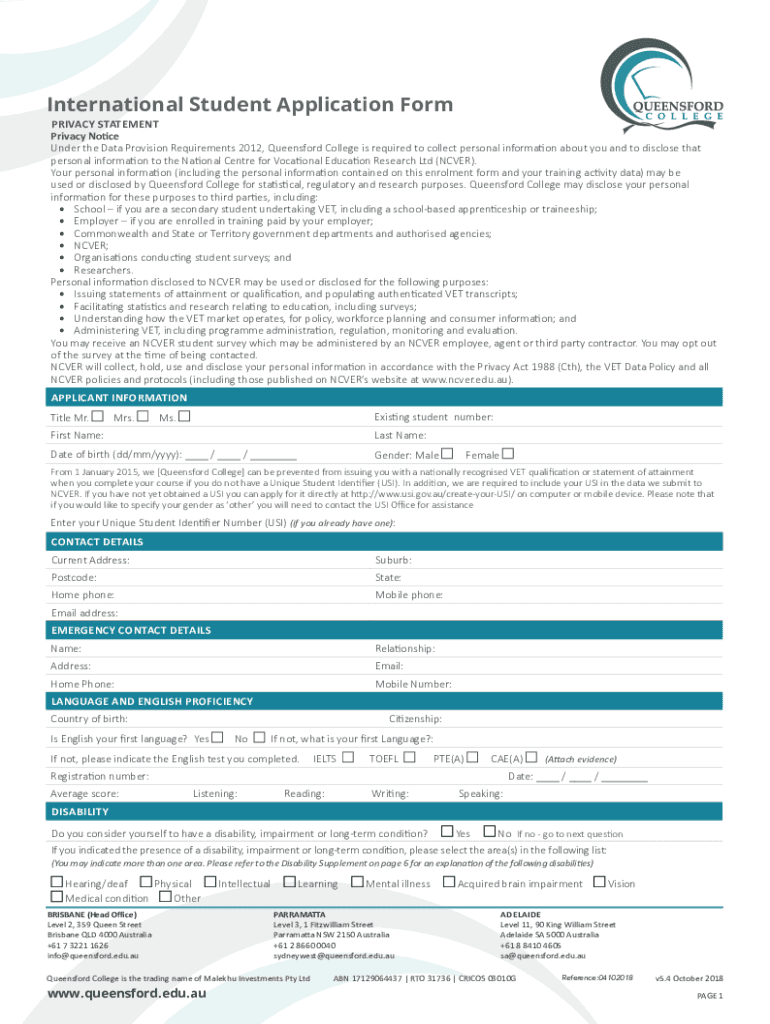 Fillable Online International Student Application Form: Privacy Statement ... Fax Email Print ...