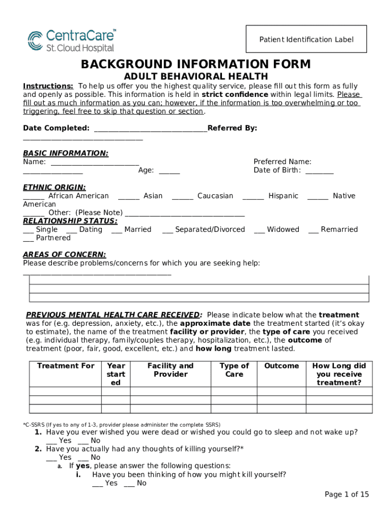 background ination - adult behavioral health Doc Template | pdfFiller