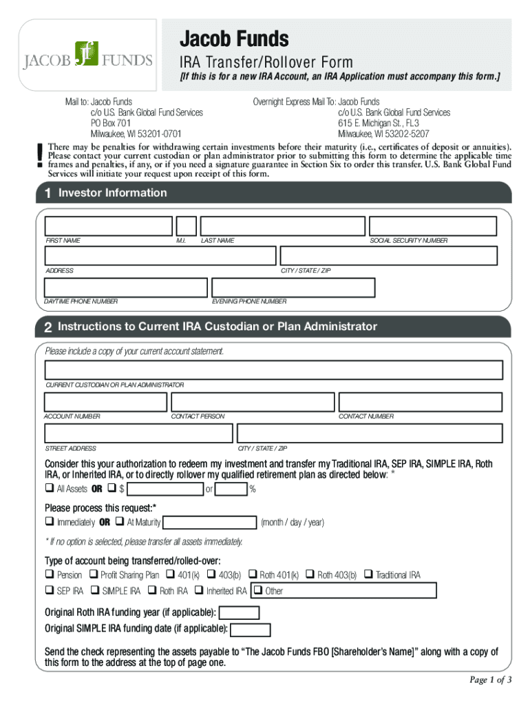 Fillable Online Jacob Funds - IRA Transfer/Rollover Form Fax Email ...