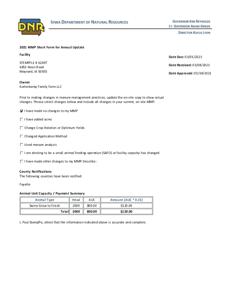 Fillable Online 2021 MMP Short Form for Annual Update Facility STEMPFLE ...