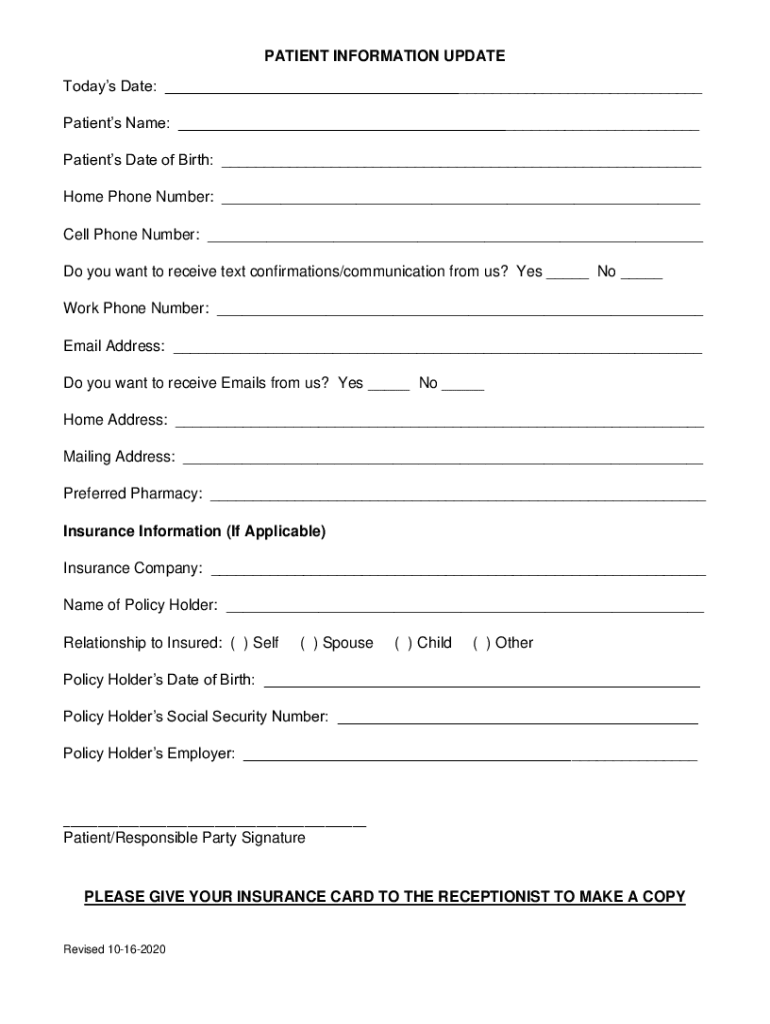 Fillable Online PATIENT INFORMATION UPDATE Today's Date Fax Email Print ...