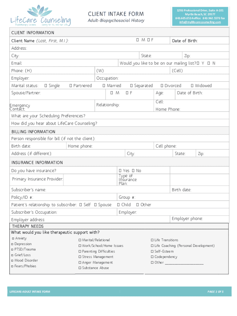 Fillable Online CLIENT INTAKE FORM - Adult-Biopsychosocial History Fax Email Print - pdfFiller