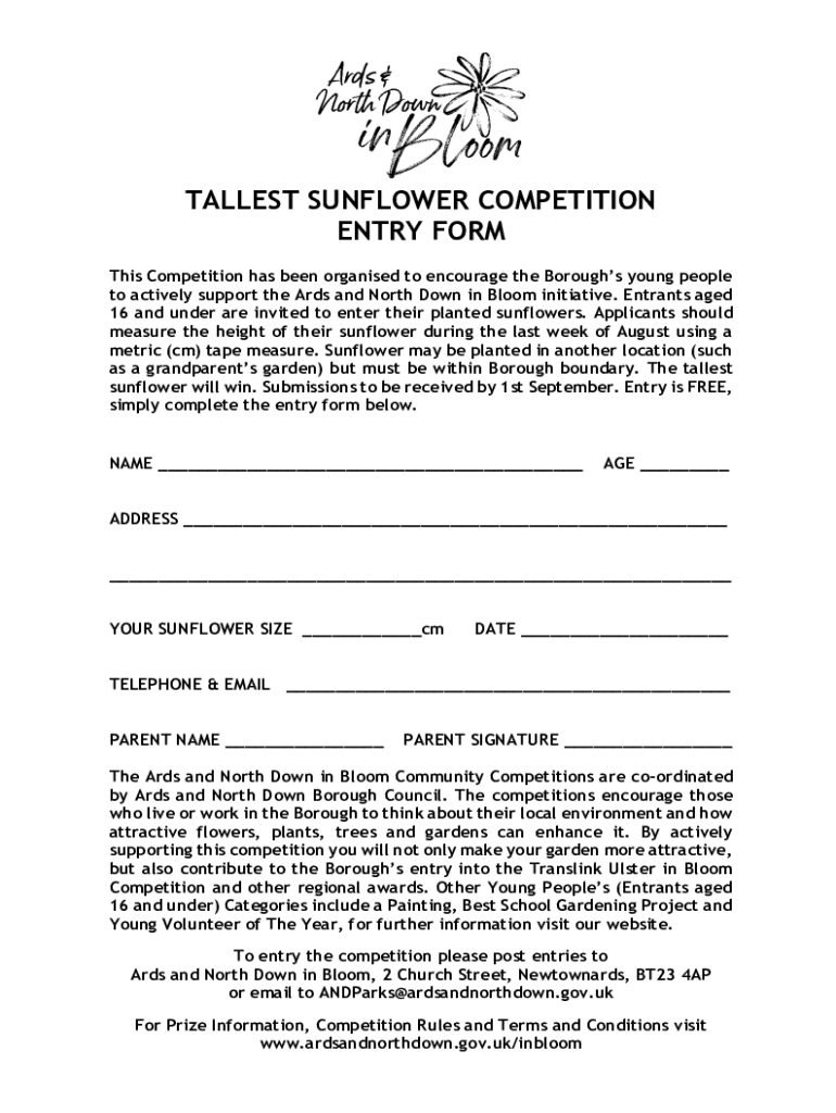 Fillable Online TALLEST SUNFLOWER COMPETITION ENTRY FORM Fax Email ...
