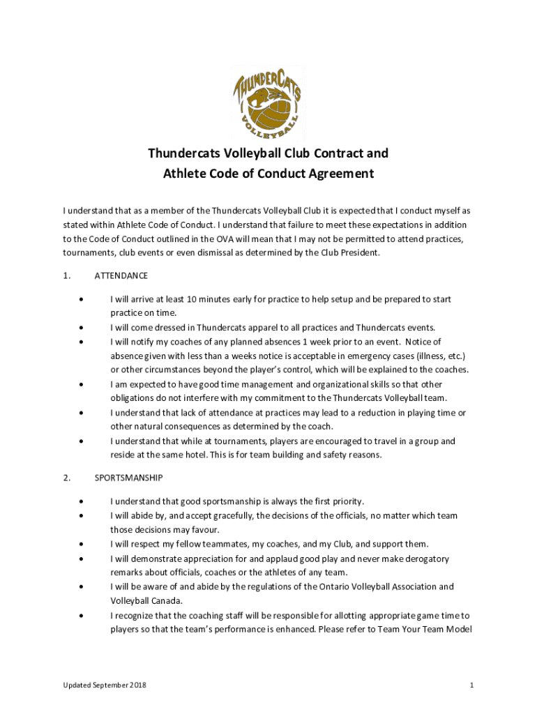 Fillable Online Thundercats Volleyball Club Contract and Athlete Code ...