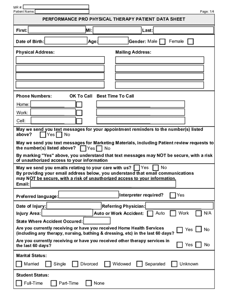 Fillable Online PERFORMANCE PRO PHYSICAL THERAPY PATIENT DATA SHEET Fax ...