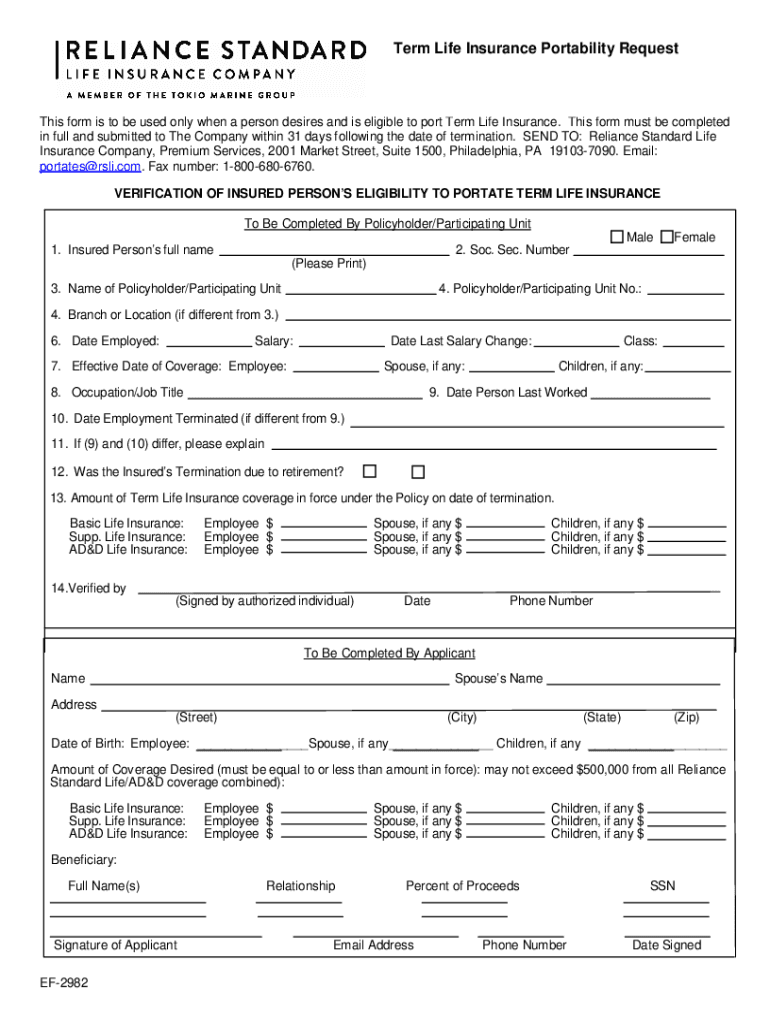 Fillable Online Term Life Insurance Portability RequestYesNo Fax Email ...