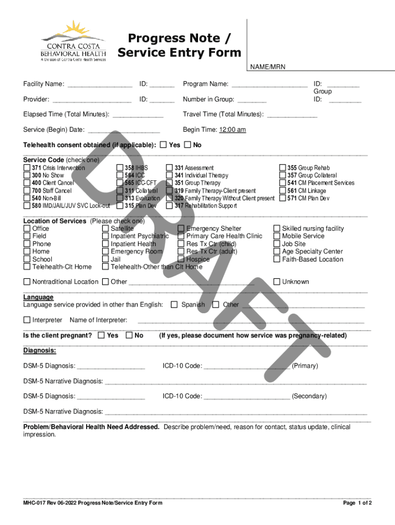 Fillable Online Progress Note / Service Entry Form Fax Email Print ...