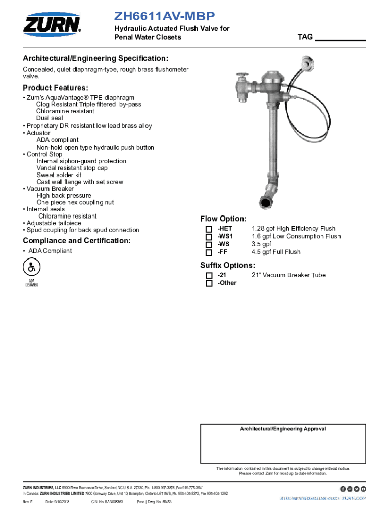 Fillable Online Zurn AquaFlush Z6611 Concealed Flush Valve (for Penal ...