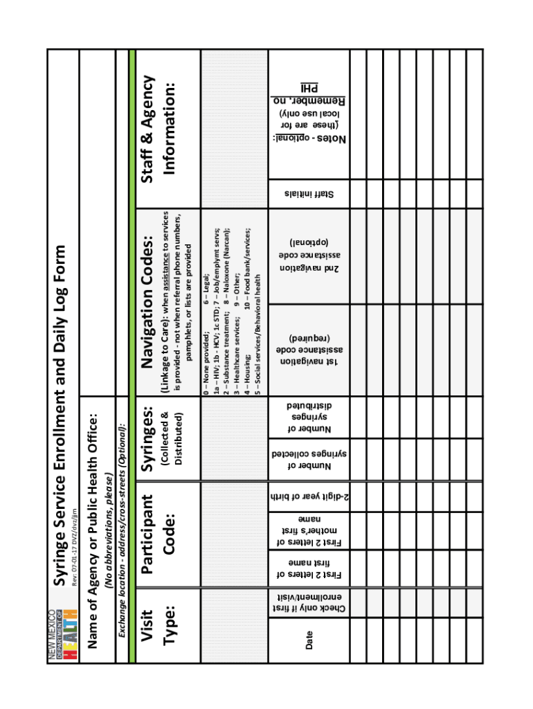 Fillable Online Syringe Service Enrollment and Daily Log Form Re ...
