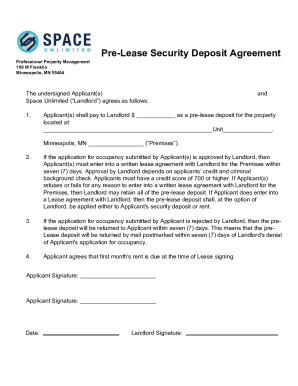Fillable Online Pre-Lease Security Deposit Agreement Fax Email Print ...