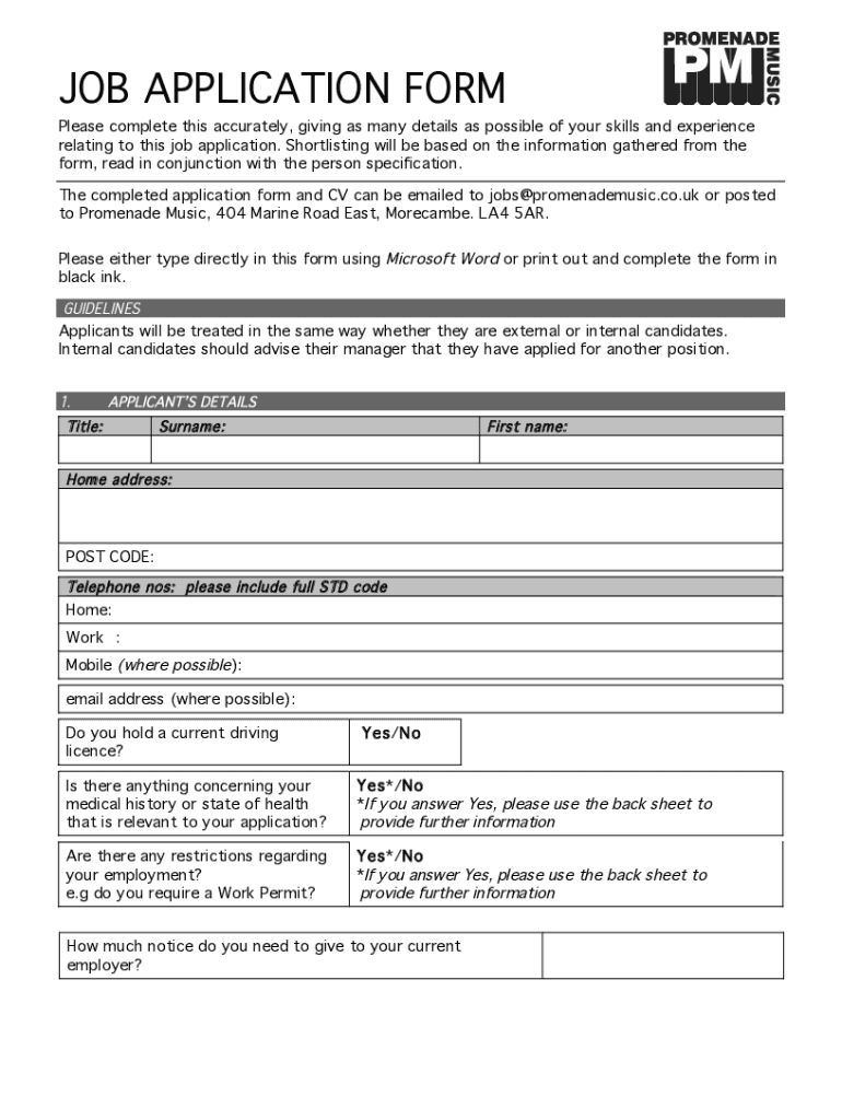 Fillable Online 1 Job Application Form: Please complete this accurately ...