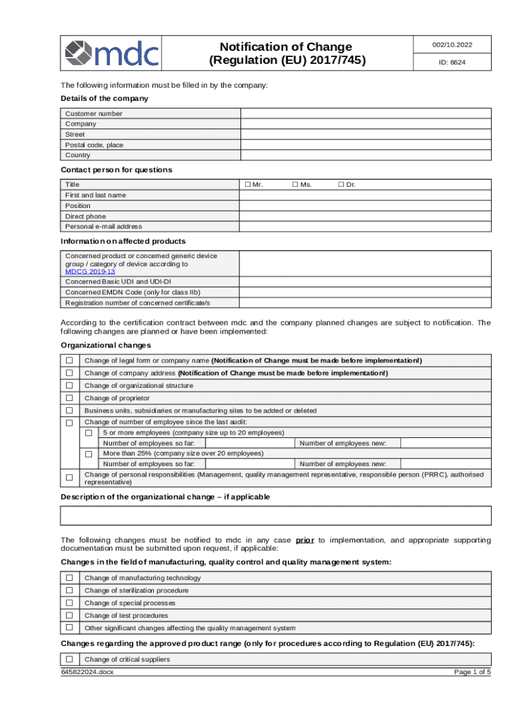 Notification of Change (MDR) Doc Template | pdfFiller