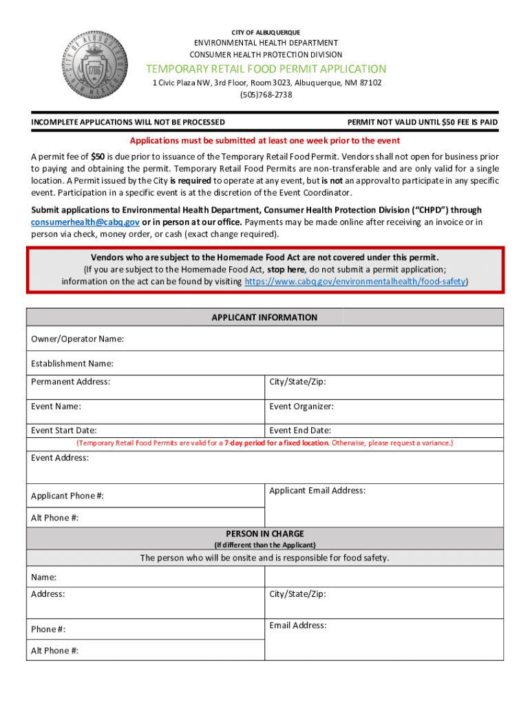 Fillable Online Application for Permit to Operate Temporary Food ...