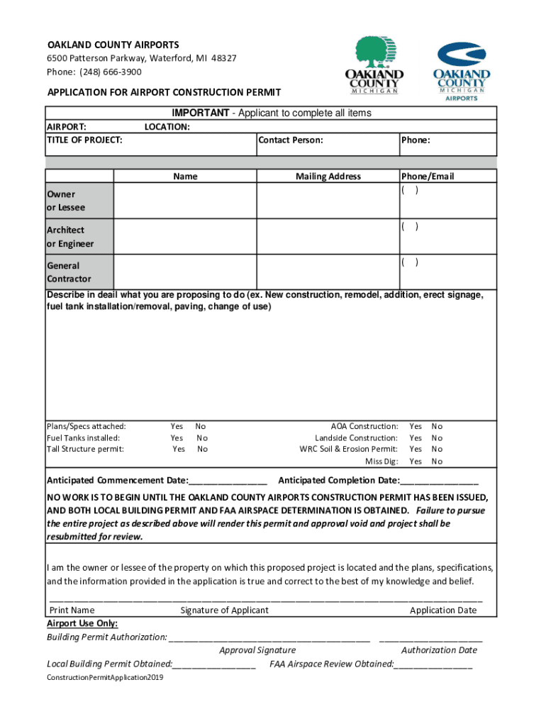 Fillable Online OAKLAND COUNTY AIRPORTS APPLICATION FOR AIRPORT ... Fax ...