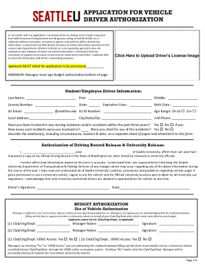 Fillable Online APPLICATION FOR VEHICLE DRIVER AUTHORIZATION Fax Email ...