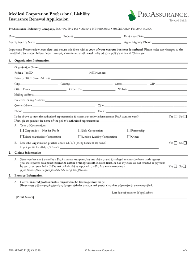 Fillable Online Medical Corporation Professional Liability Insurance ...