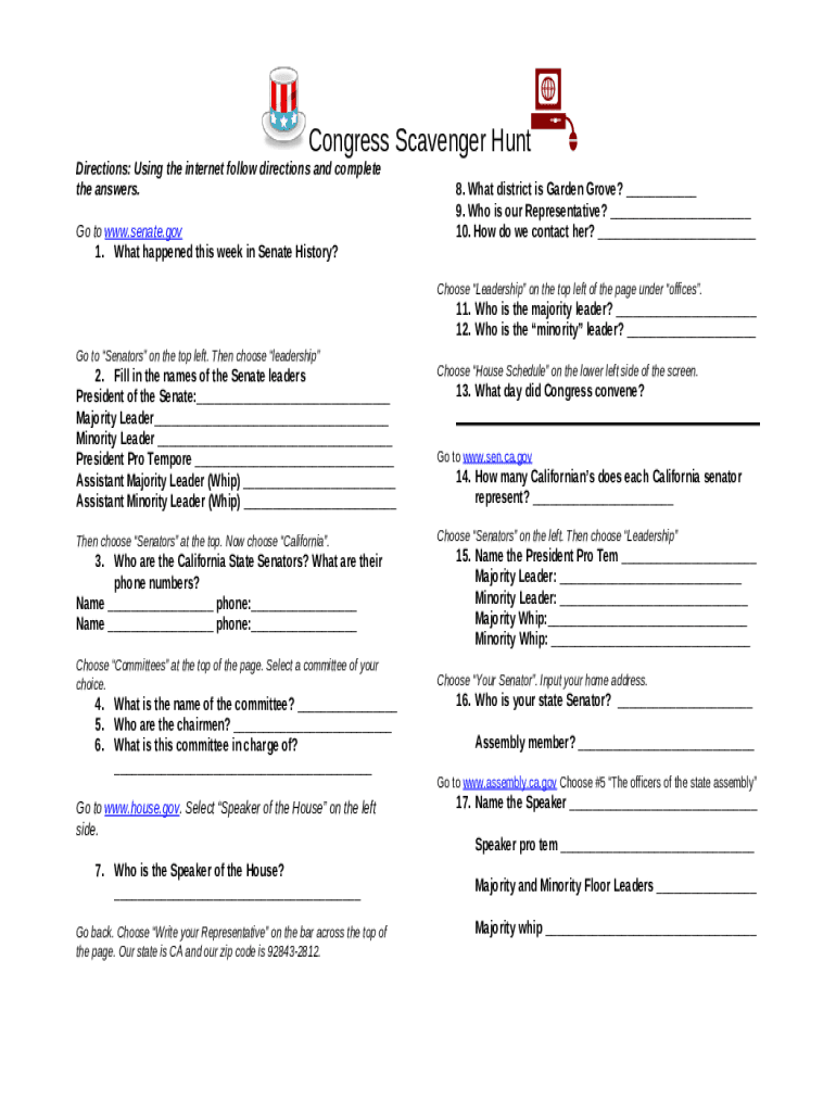 Congress Scavenger Hunt Doc Template | pdfFiller