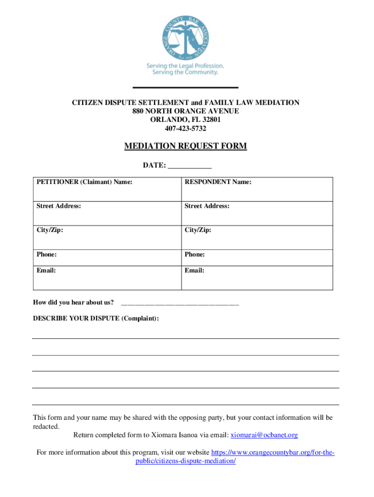 Fillable Online MEDIATION REQUEST FORM Fax Email Print - pdfFiller