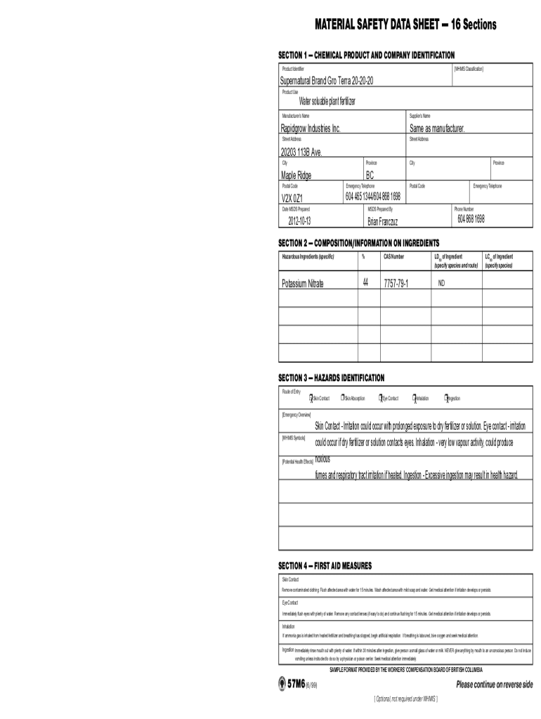 Fillable Online 1. COMPANY AND PRODUCT IDENTIFICATION 2. HAZARDS ... Fax Email Print - pdfFiller
