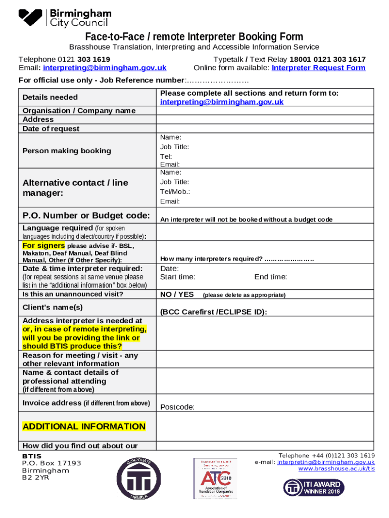 Interpreting Booking Birmingham City Council Doc Template | pdfFiller