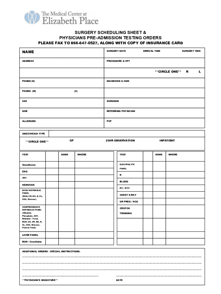 Fillable Online Surgery Scheduling Sheet Form - Fill Out and Sign ... Fax Email Print - pdfFiller