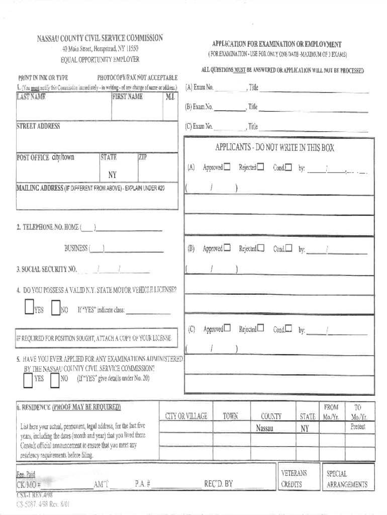 Fillable Online nassau county civil service commission application for ...