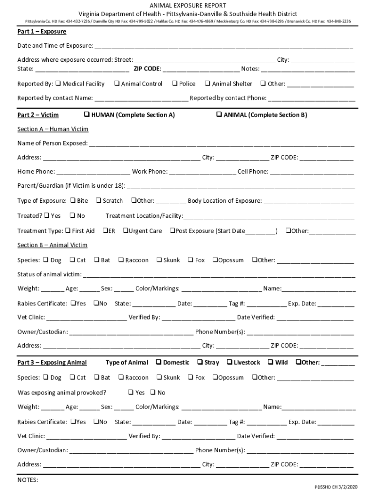 Fillable Online ANIMAL EXPOSURE REPORT Virginia Department of Health ...