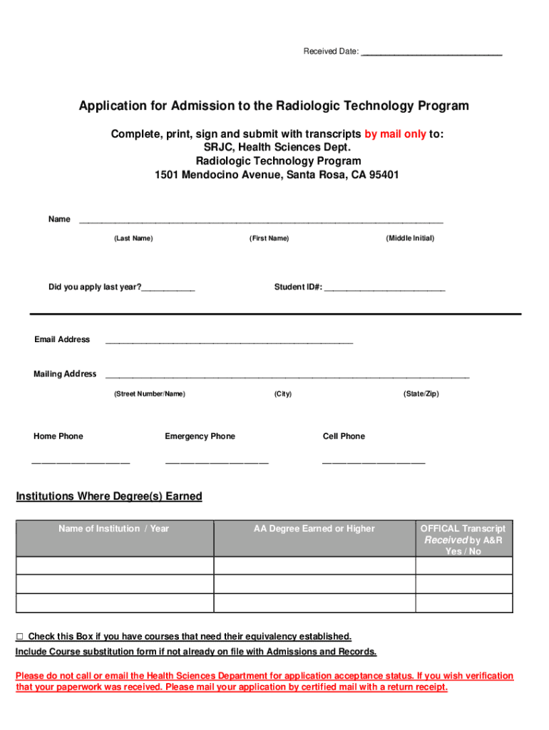 Fillable Online radtech santarosa Applying to the Program / Application ...