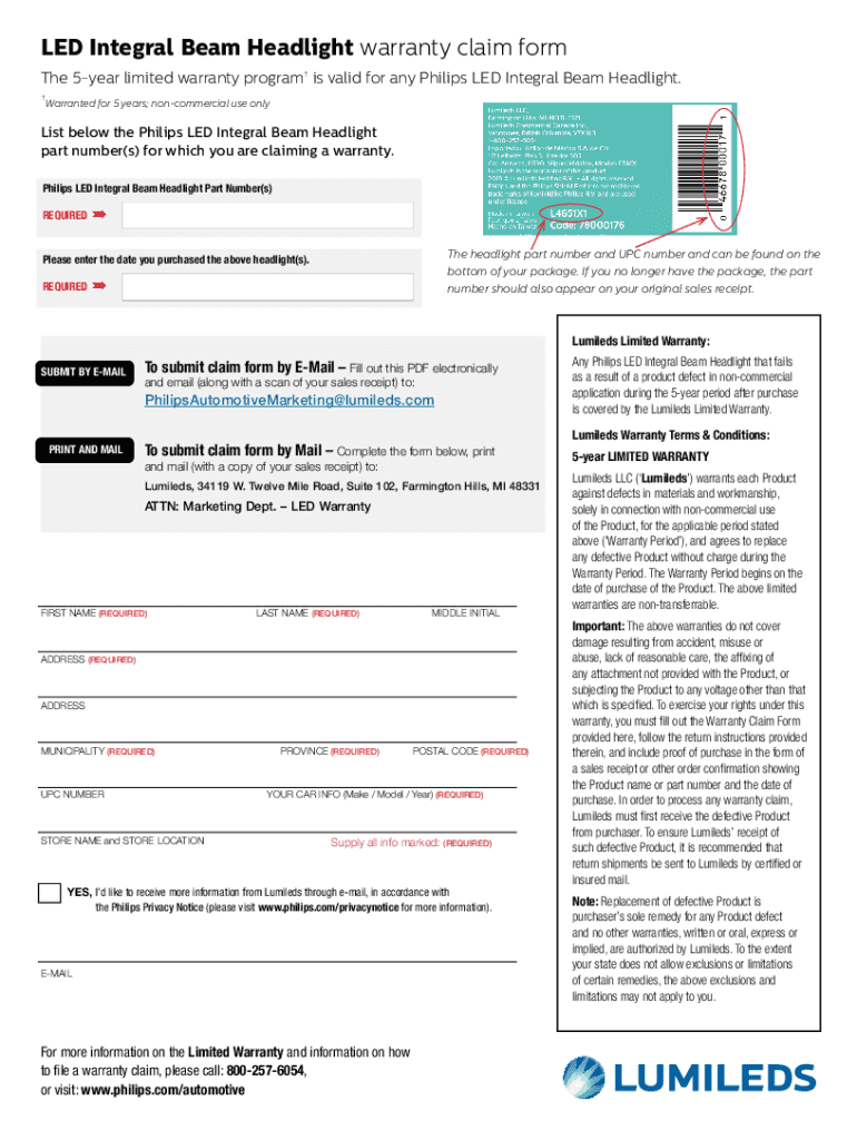 Fillable Online LED Integral Beam Headlight warranty claim form Fax ...