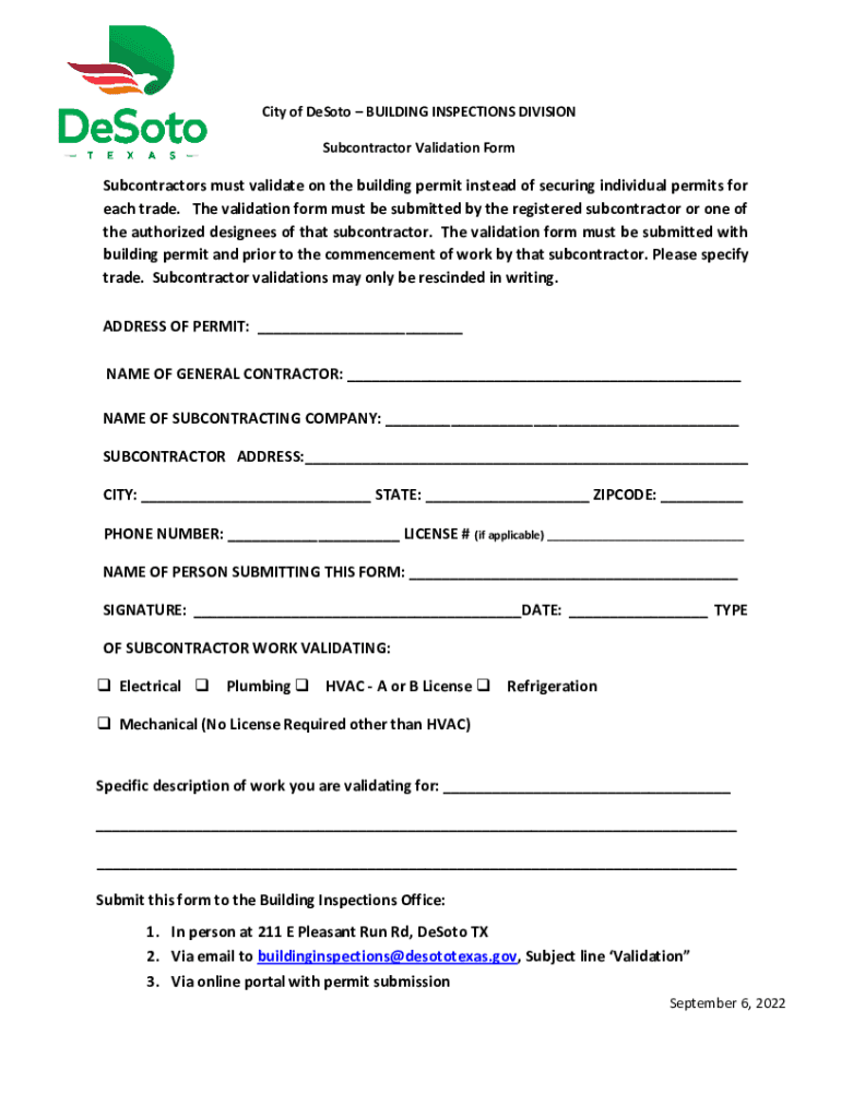 Fillable Online City of DeSoto BUILDING INSPECTIONS DIVISION ...