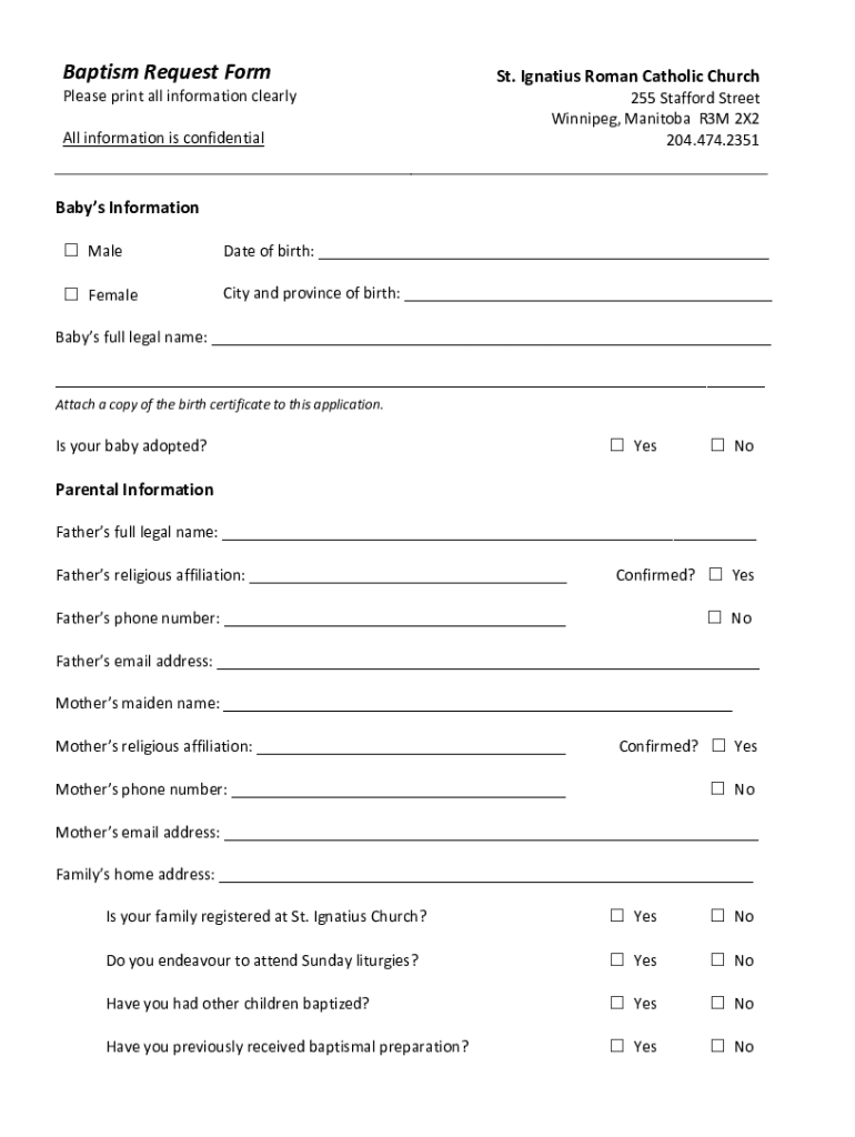Fillable Online Baptism Request Form - Winnipeg - St. Ignatius Parish ...