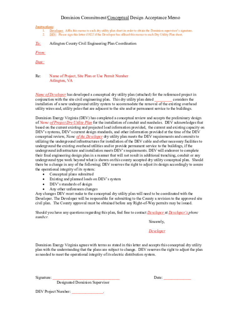 Fillable Online Dominion Commitment/Conceptual Design Acceptance Memo Fax Email Print - pdfFiller