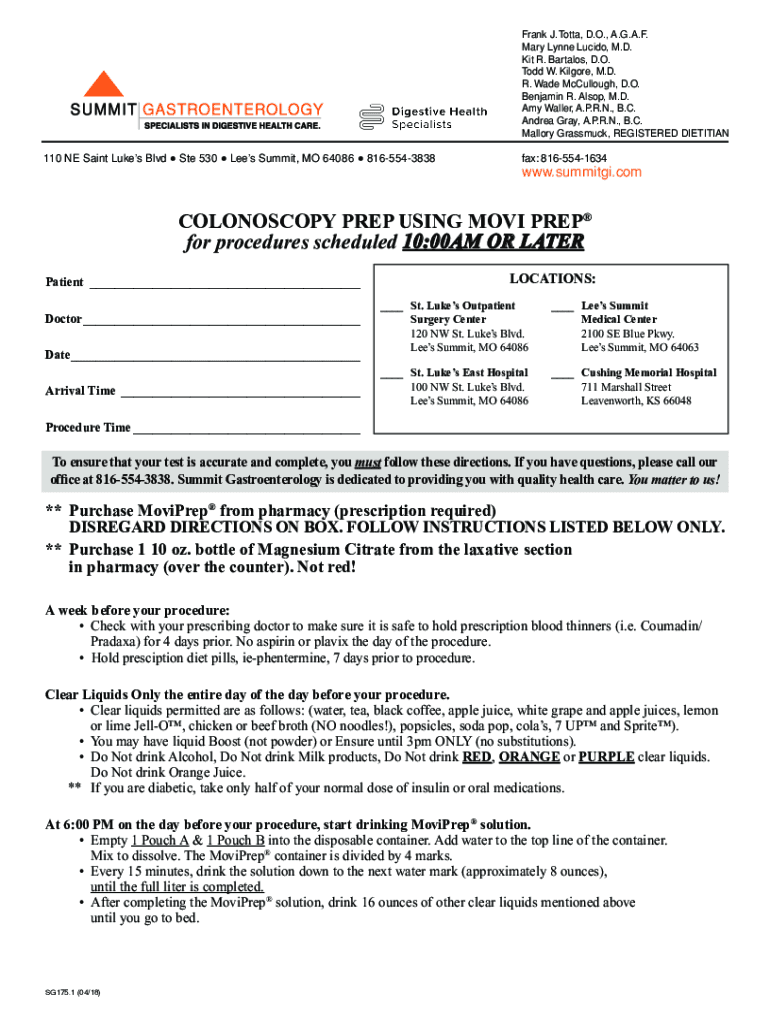 Fillable Online COLONOSCOPY PREP USING MOVI PREP for procedures ... Fax Email Print - pdfFiller