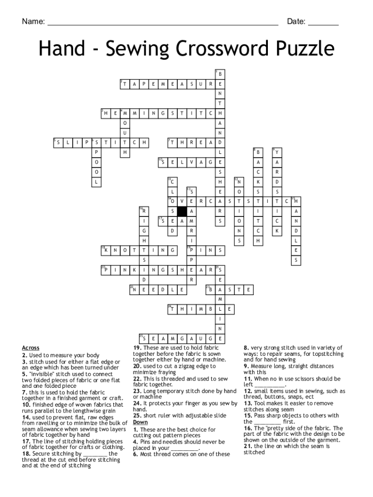Fillable Online Similar to Hand - Sewing Crossword Puzzle Fax Email ...