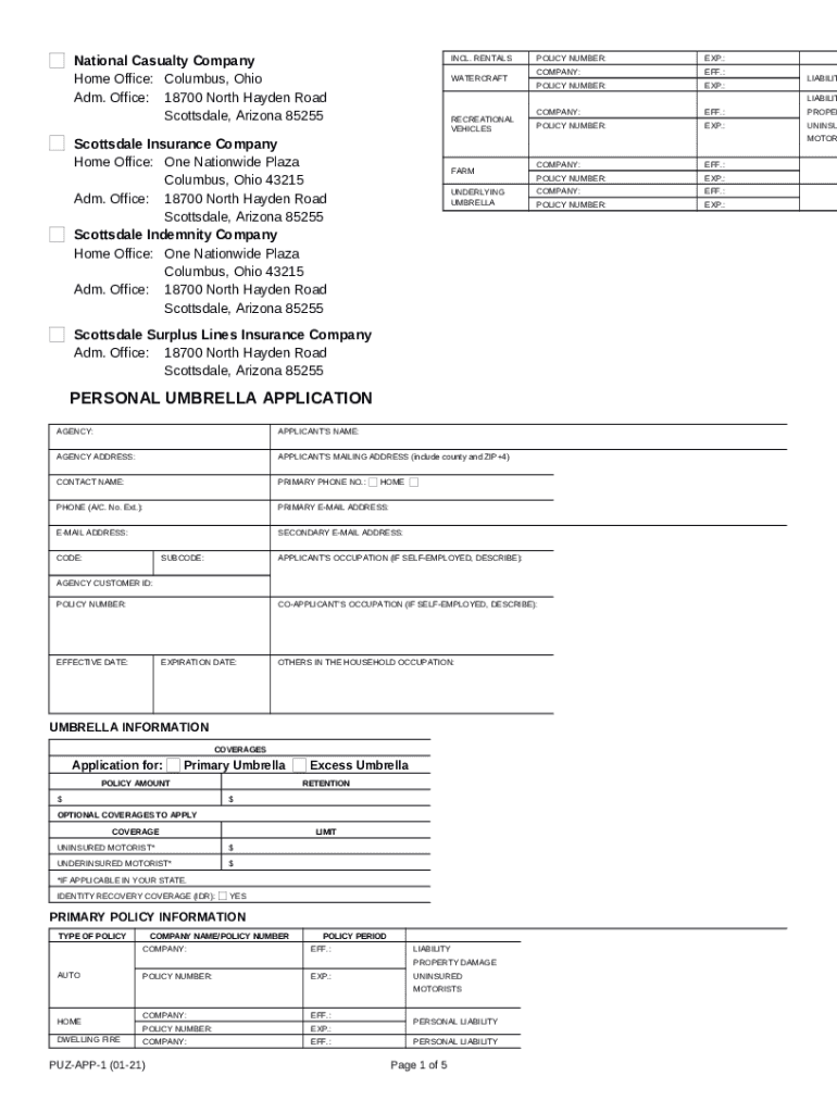 PERSONAL UMBRELLA APPLICATION. PUZ-APP-1 (01-21) Doc Template | pdfFiller