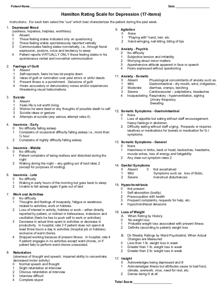 Fillable Online HAM-D.pdf - Patient Name: Date: Hamilton Rating Scale ...